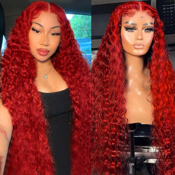 Red Color Deep Wave 13x4 HD Lace Front Wig Nature Hairline - IshowHair